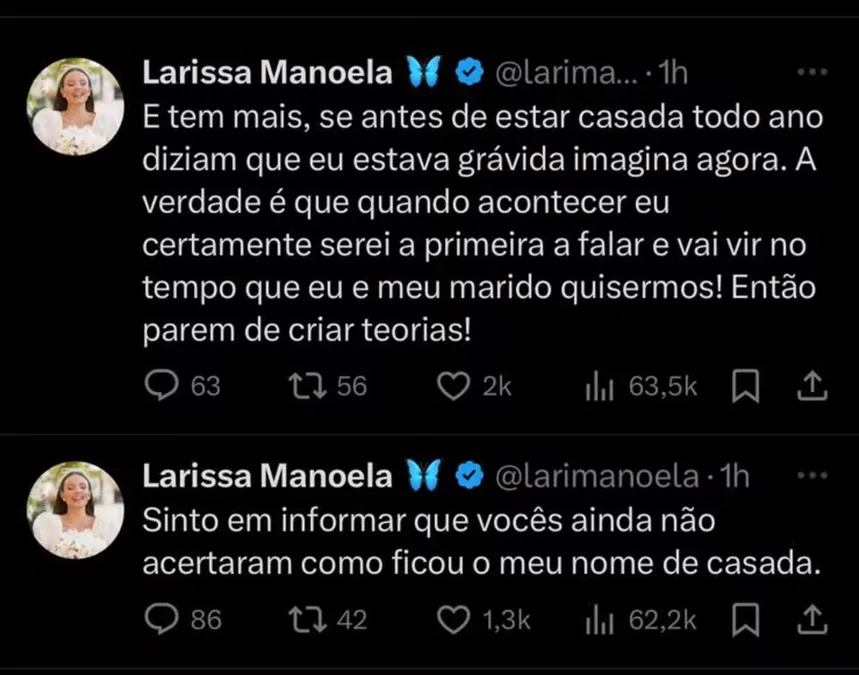 Larissa Manoela quebra o silêncio e fala sobre gravidez: "Vai vir"